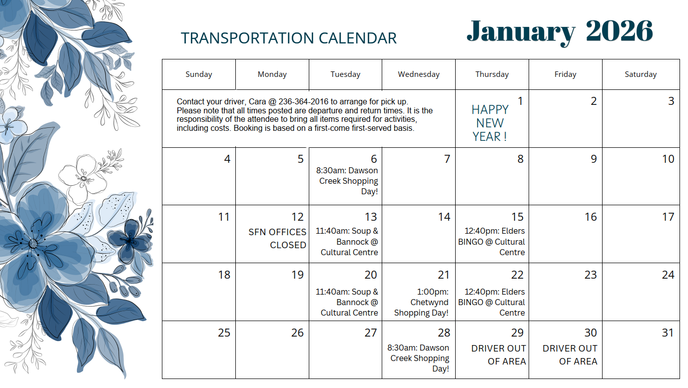 Social Transportation Jan 2026 Schedule - Saulteau First Nations
